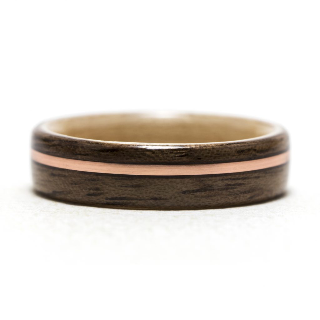 Ebony And Cherry Wood Ring Lined With Ebony And Copper Inlay - Warren Rings