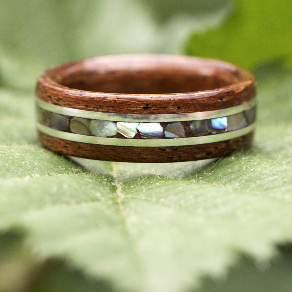 Mahogany Wood Ring With Silver And Abalone Shell Inlay - Warren Rings