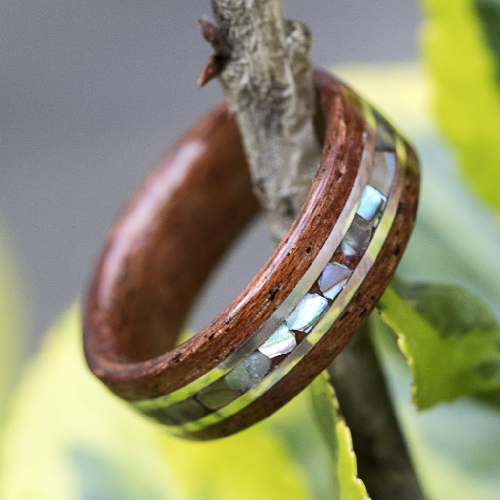Mahogany Wood Ring With Silver And Abalone Shell Inlay - Warren Rings