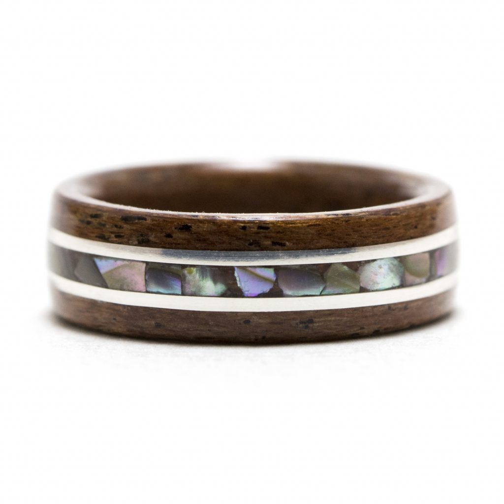 Mahogany Wood Ring With Silver And Abalone Shell Inlay - Warren Rings