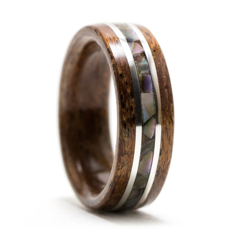 Mahogany Wood Ring With Silver And Abalone Shell Inlay - Warren Rings