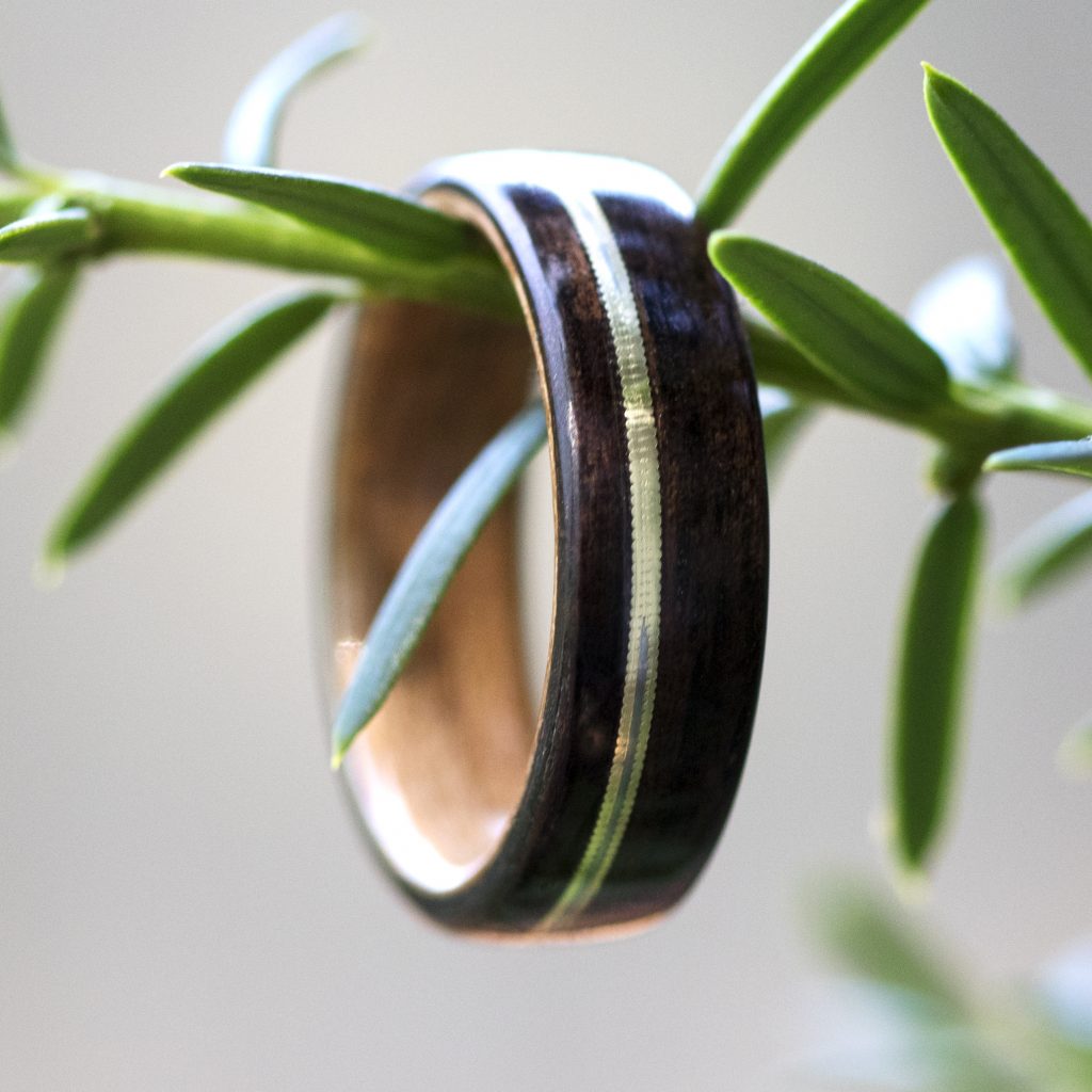 Ebony Wood Ring Lined With Cherry And Guitar String Inlay - Warren Rings