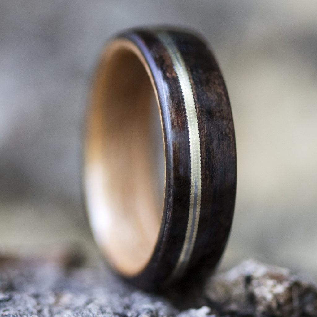 Ebony Wood Ring Lined With Cherry And Guitar String Inlay - Warren Rings