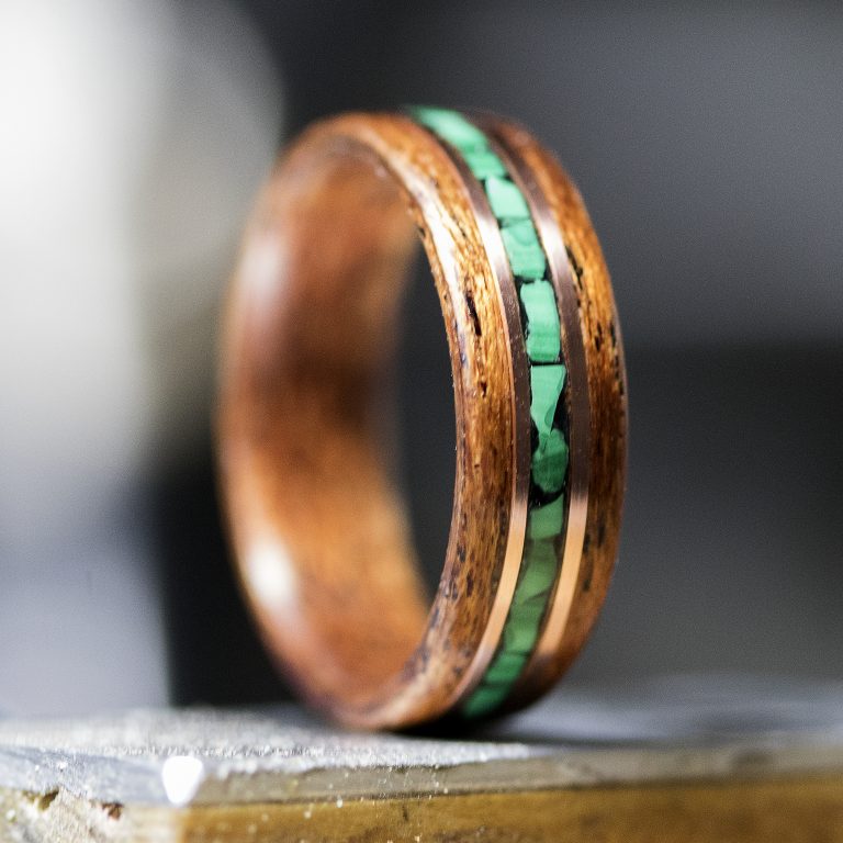 Mahogany Wood Ring With Malachite And Copper Inlay - Warren Rings