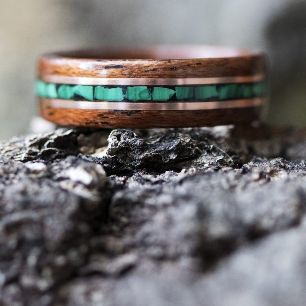 Mahogany Wood Ring With Malachite And Copper Inlay - Warren Rings