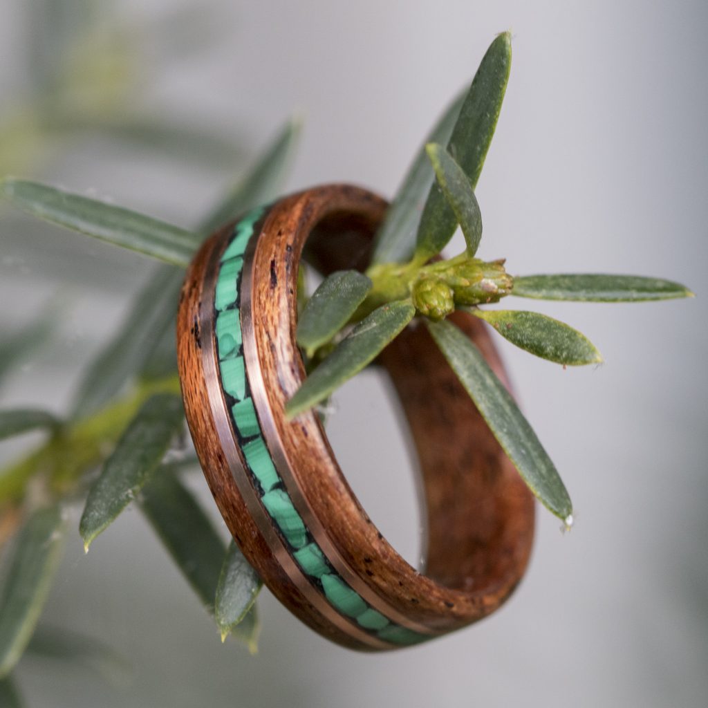 Mahogany Wood Ring With Malachite And Copper Inlay - Warren Rings