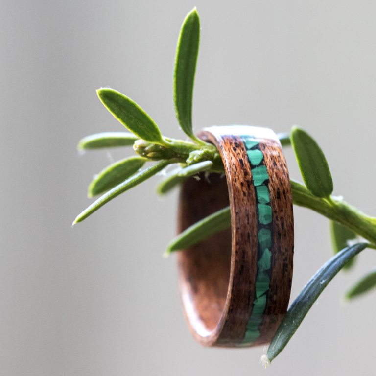 Mahogany Wood Ring With Malachite Inlay - Warren Rings