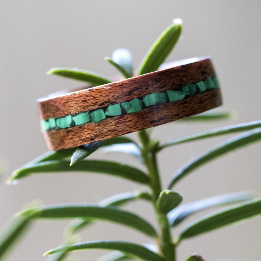 Mahogany Wood Ring With Malachite Inlay - Warren Rings