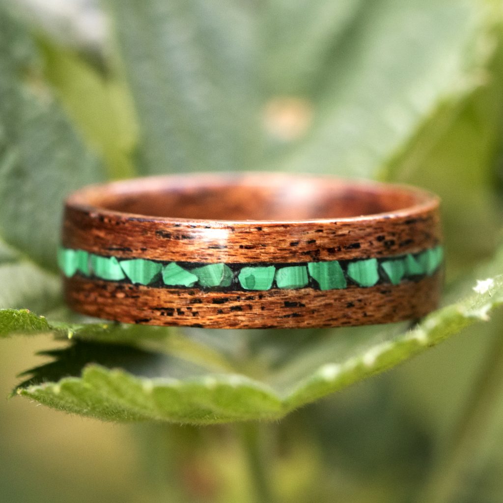 Mahogany Wood Ring With Malachite Inlay - Warren Rings