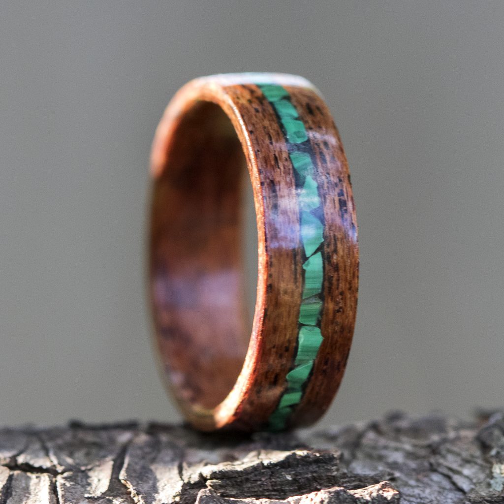 Mahogany Wood Ring With Malachite Inlay - Warren Rings