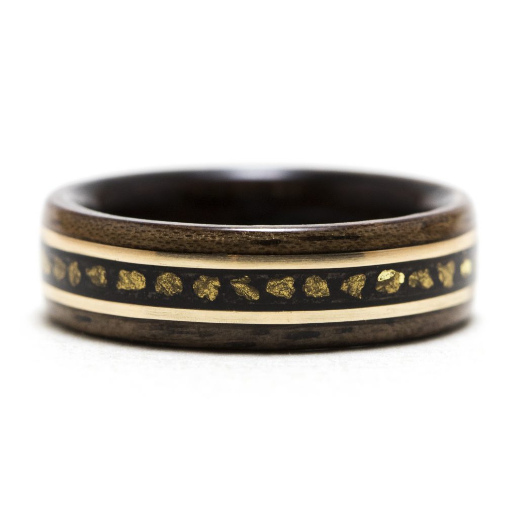 Walnut Wood Ring Lined With Ebony Inlaid With Gold Nuggets And Gold ...