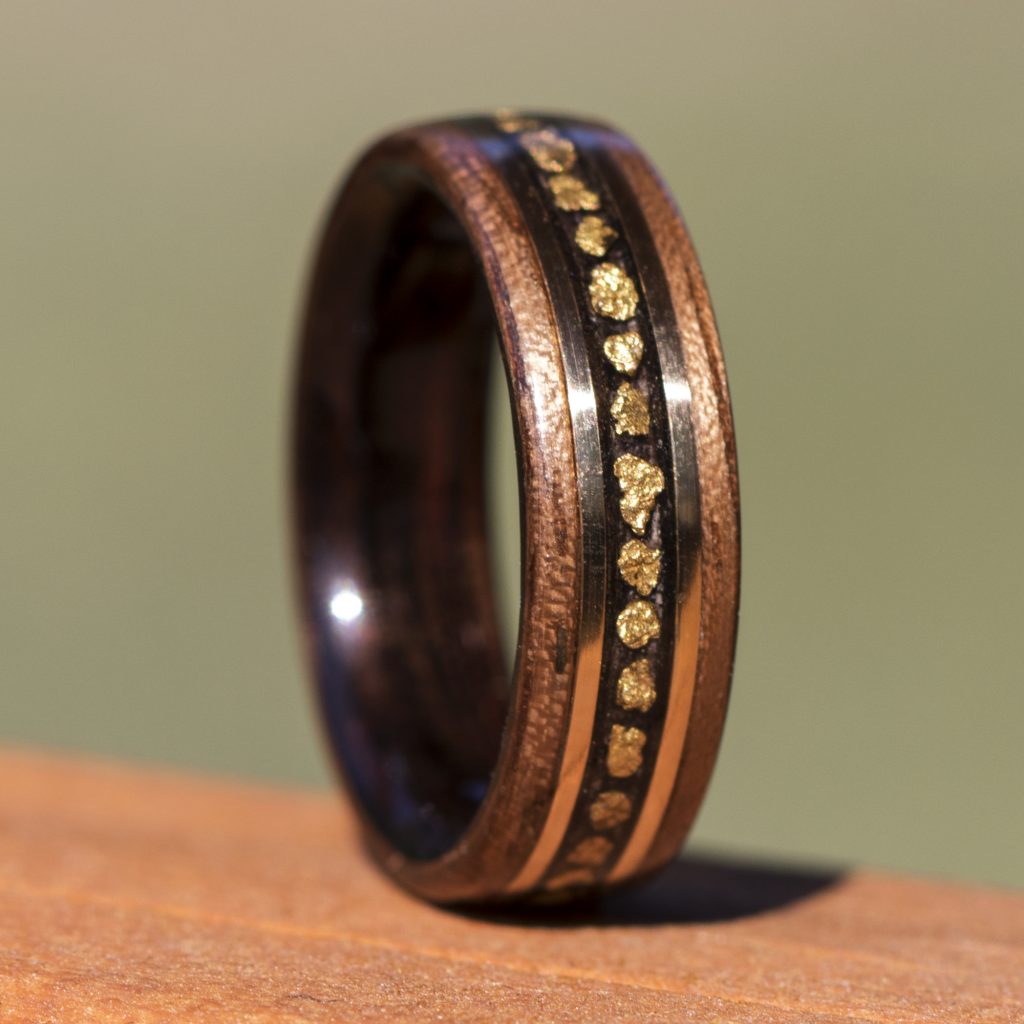 Walnut Wood Ring Lined With Ebony Inlaid With Gold Nuggets And Gold ...