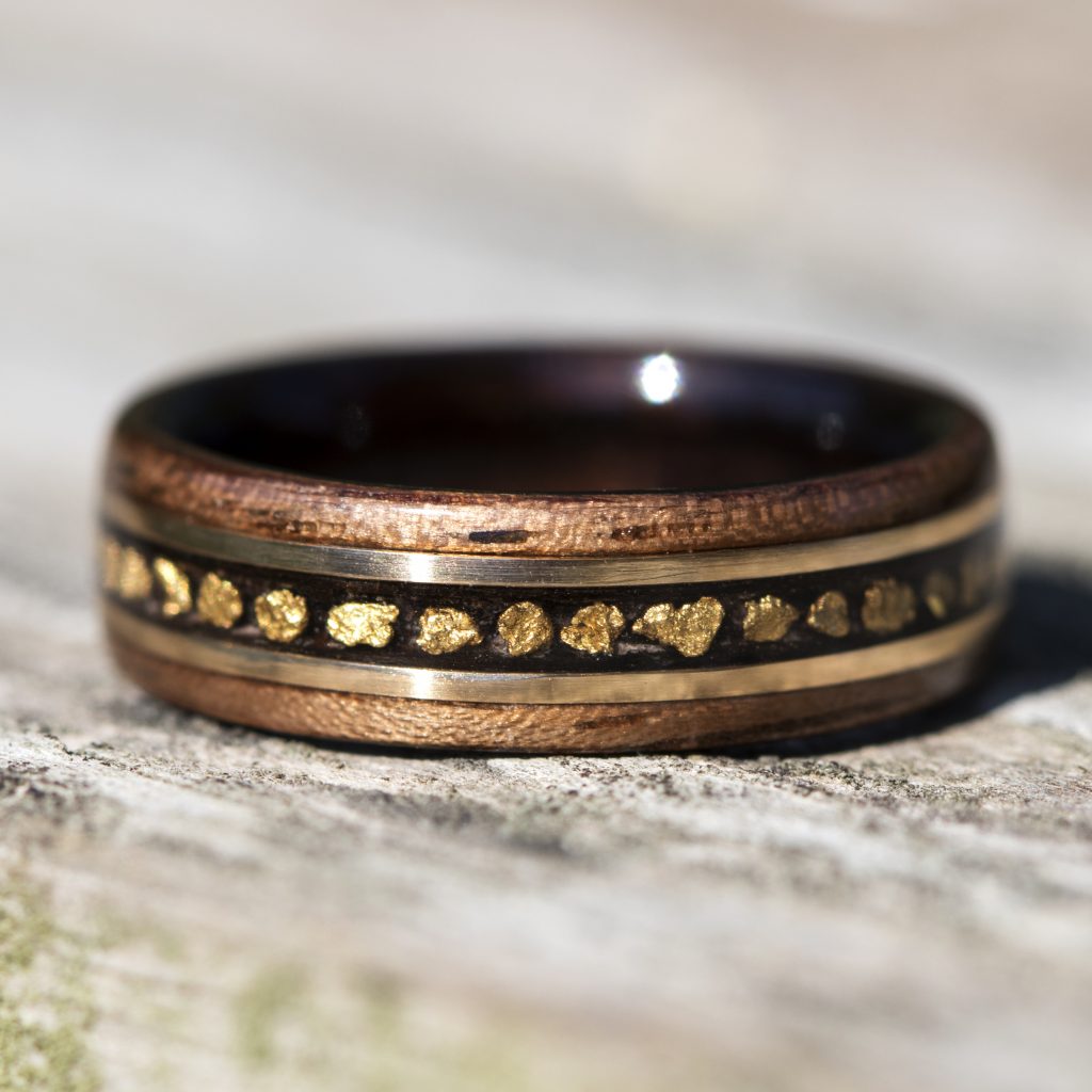 Walnut Wood Ring Lined With Ebony Inlaid With Gold Nuggets And Gold ...