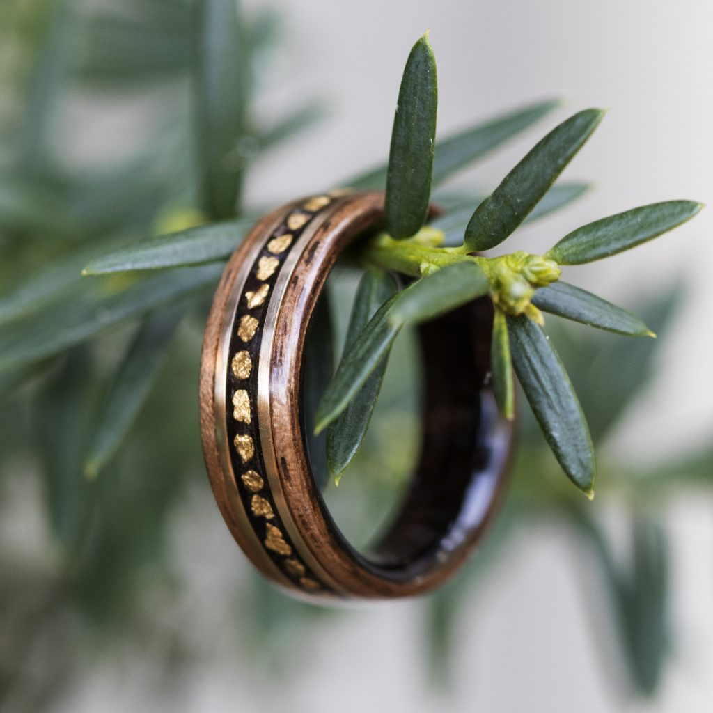 Walnut Wood Ring Lined With Ebony Inlaid With Gold Nuggets And Gold ...