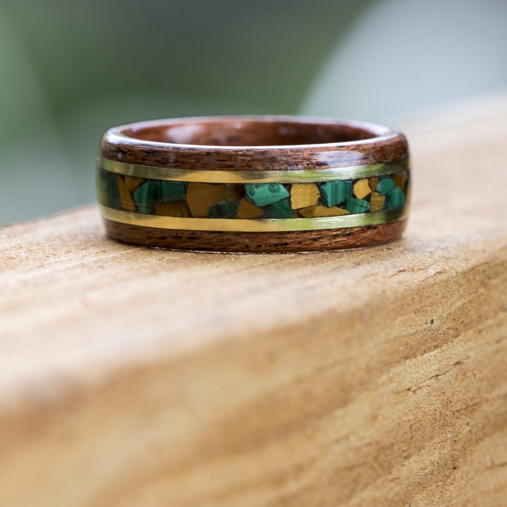 Mahogany Wood Ring With Malachite, Tiger Eye, And Yellow Brass Inlay ...
