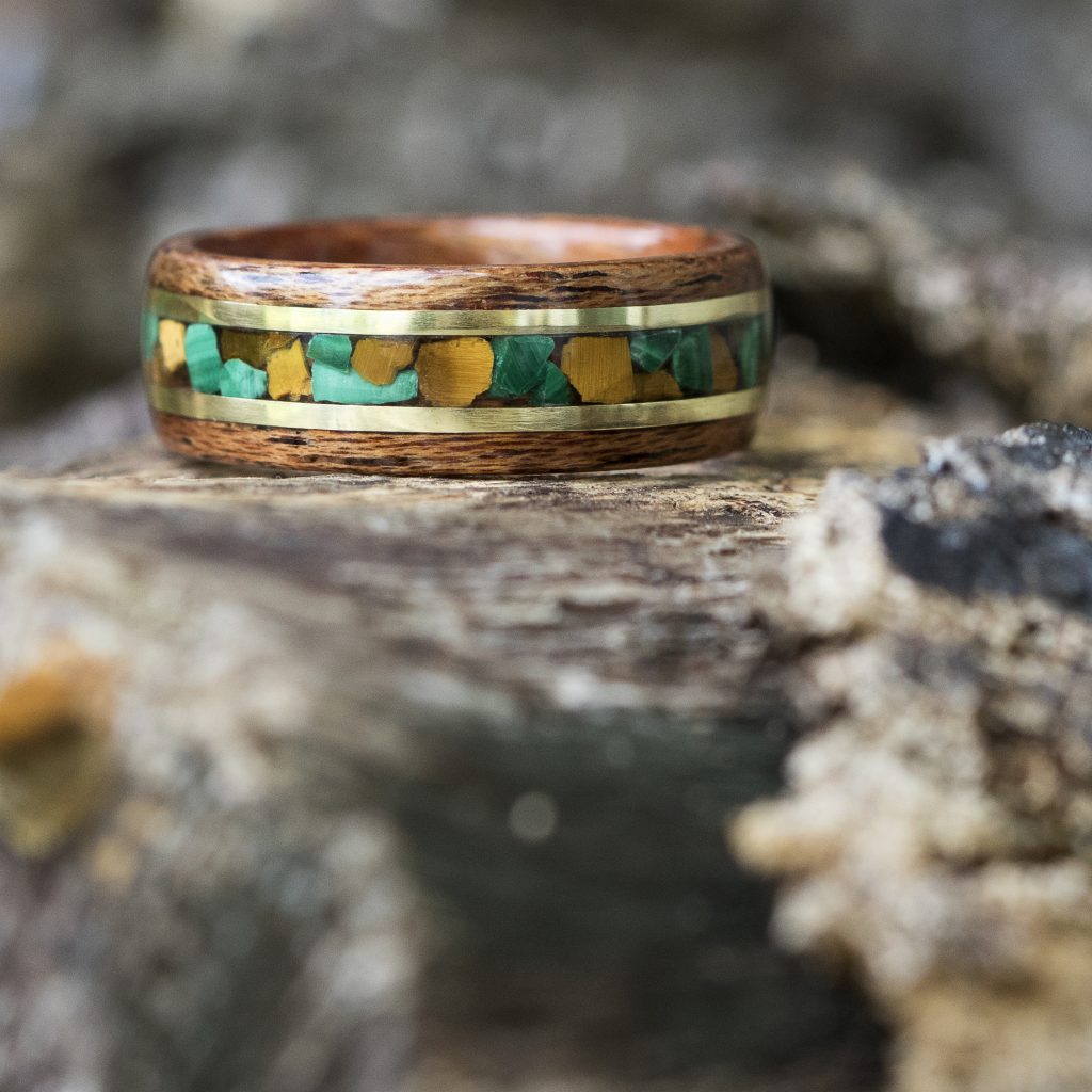 Mahogany Wood Ring With Malachite, Tiger Eye, And Yellow Brass Inlay ...