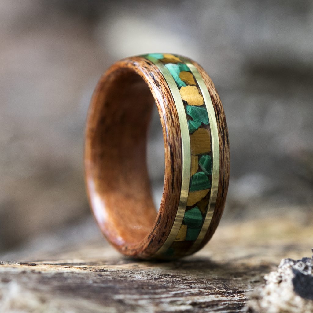 Mahogany Wood Ring With Malachite, Tiger Eye, And Yellow Brass Inlay ...