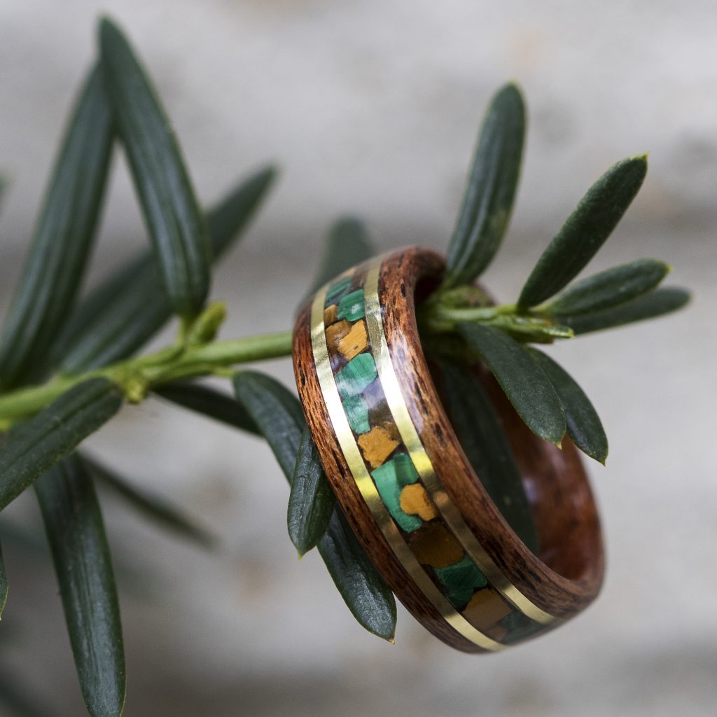 Mahogany Wood Ring With Malachite, Tiger Eye, And Yellow Brass Inlay ...