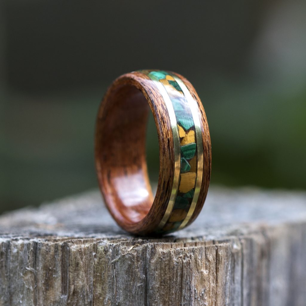 Mahogany Wood Ring With Malachite, Tiger Eye, And Yellow Brass Inlay ...