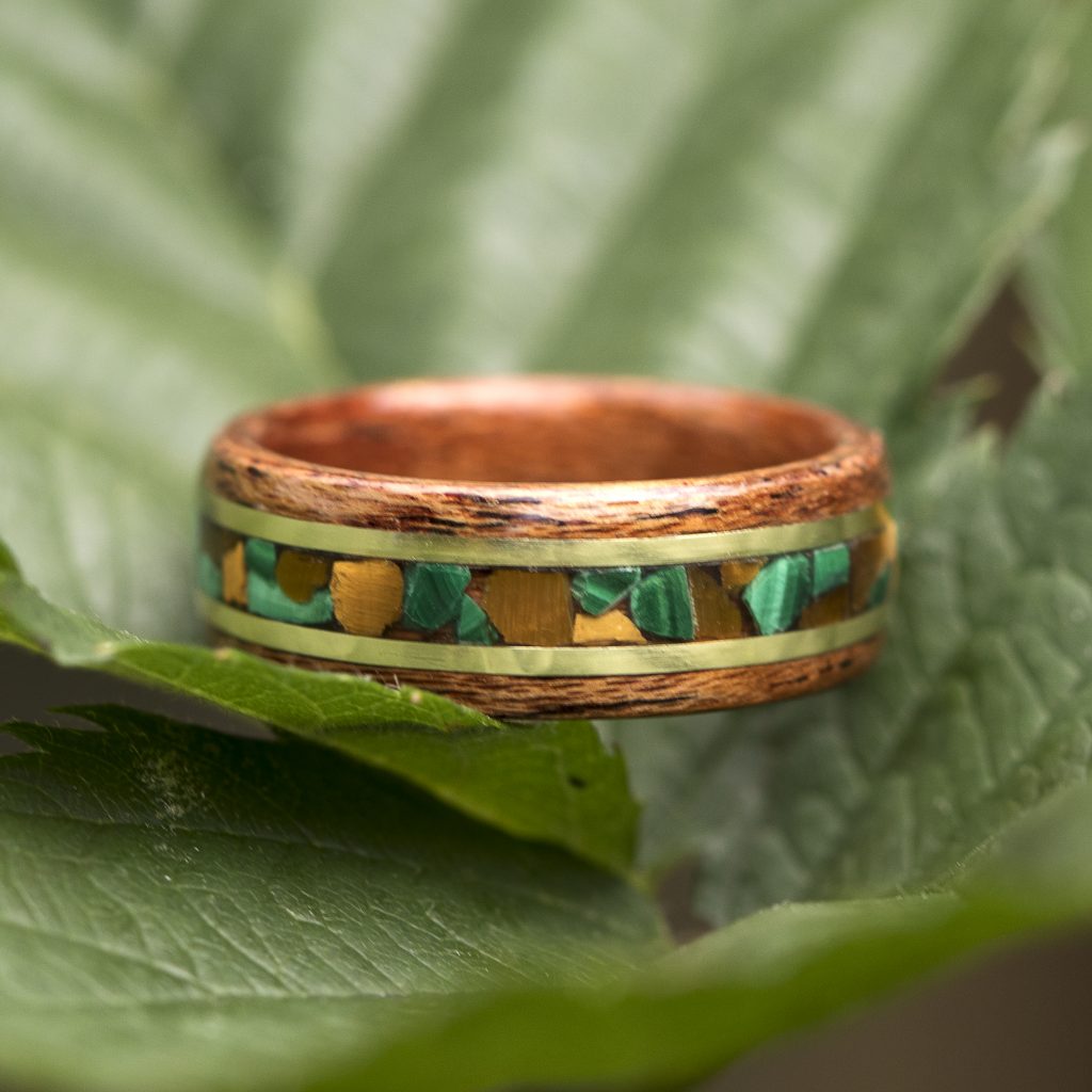 Mahogany Wood Ring With Malachite, Tiger Eye, And Yellow Brass Inlay ...
