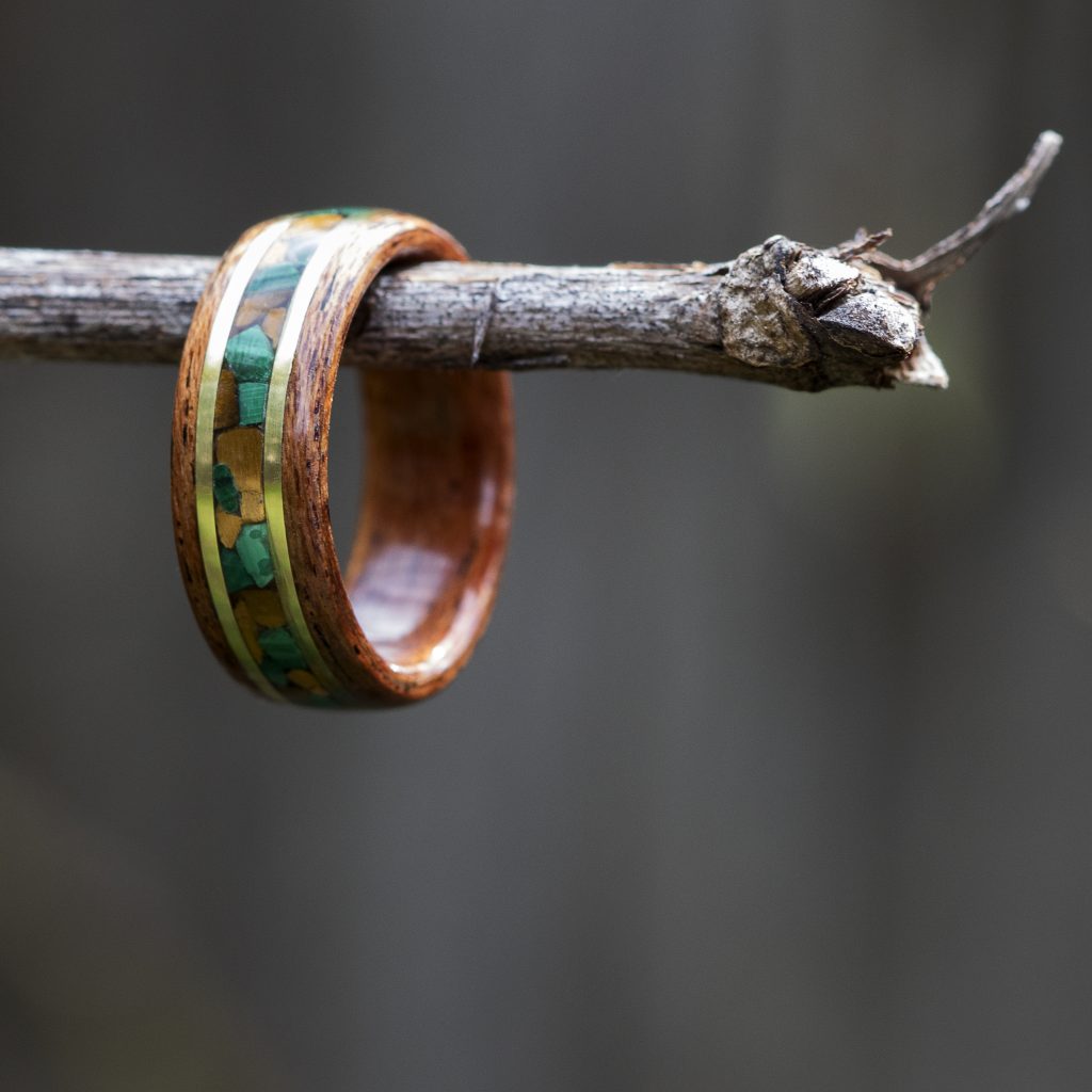 Mahogany Wood Ring With Malachite, Tiger Eye, And Yellow Brass Inlay ...
